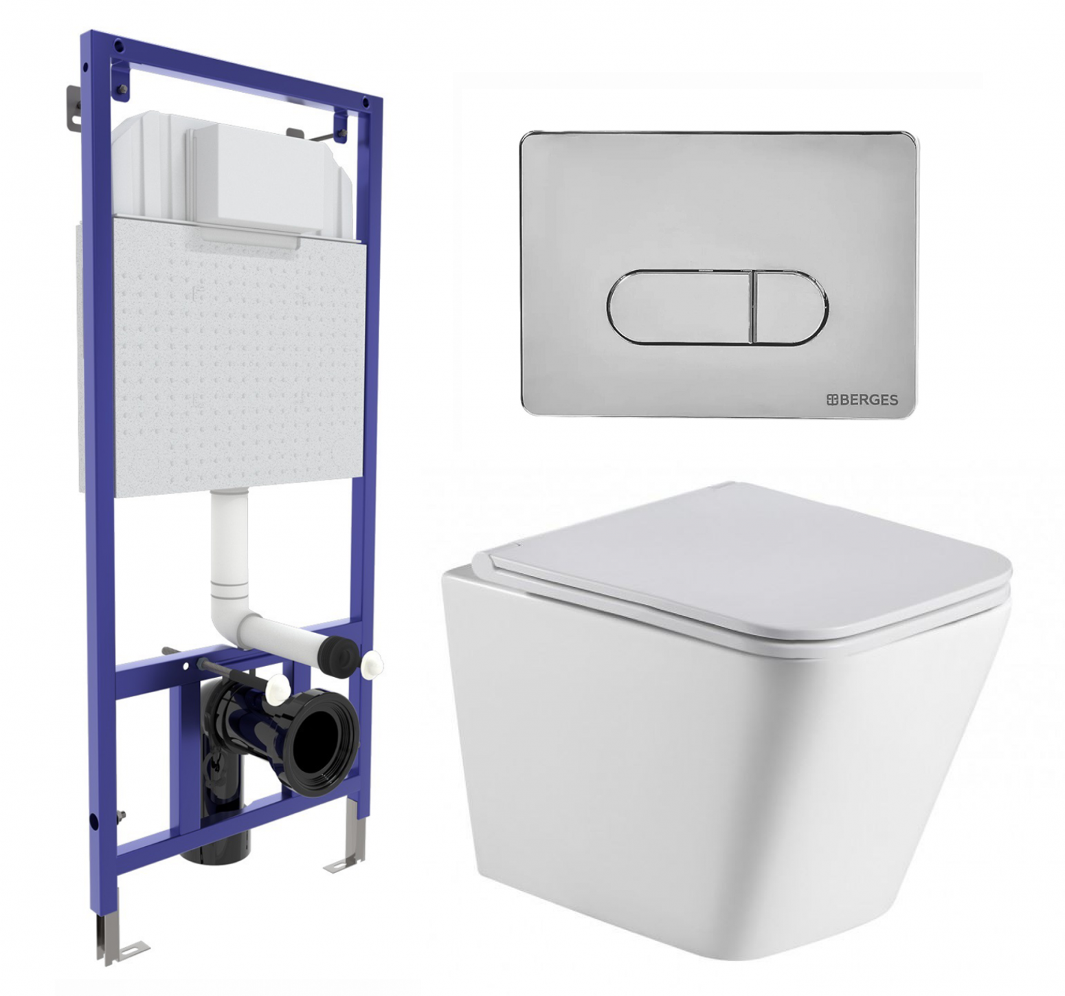 Комплект 3 в 1 инсталляция Berges Wasserhaus Novum 040233 + Подвесной унитаз WeltWasser Gelbach 043 GL-WT + кнопка хром