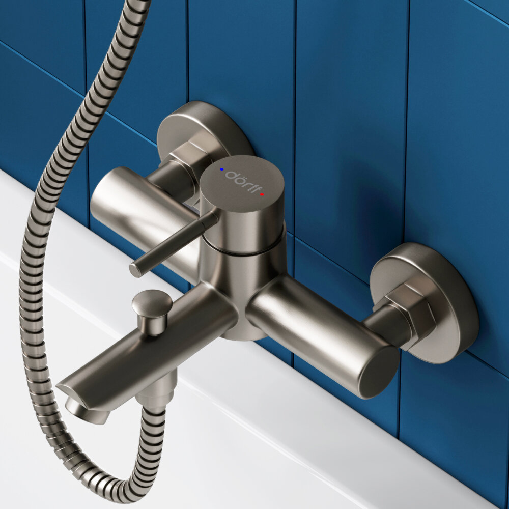 Смеситель для ванны Dorff Logic new D3010000SS излив 124 мм, увеличенный угол наклона струи, ручка стик, переключатель на душ с фиксацией