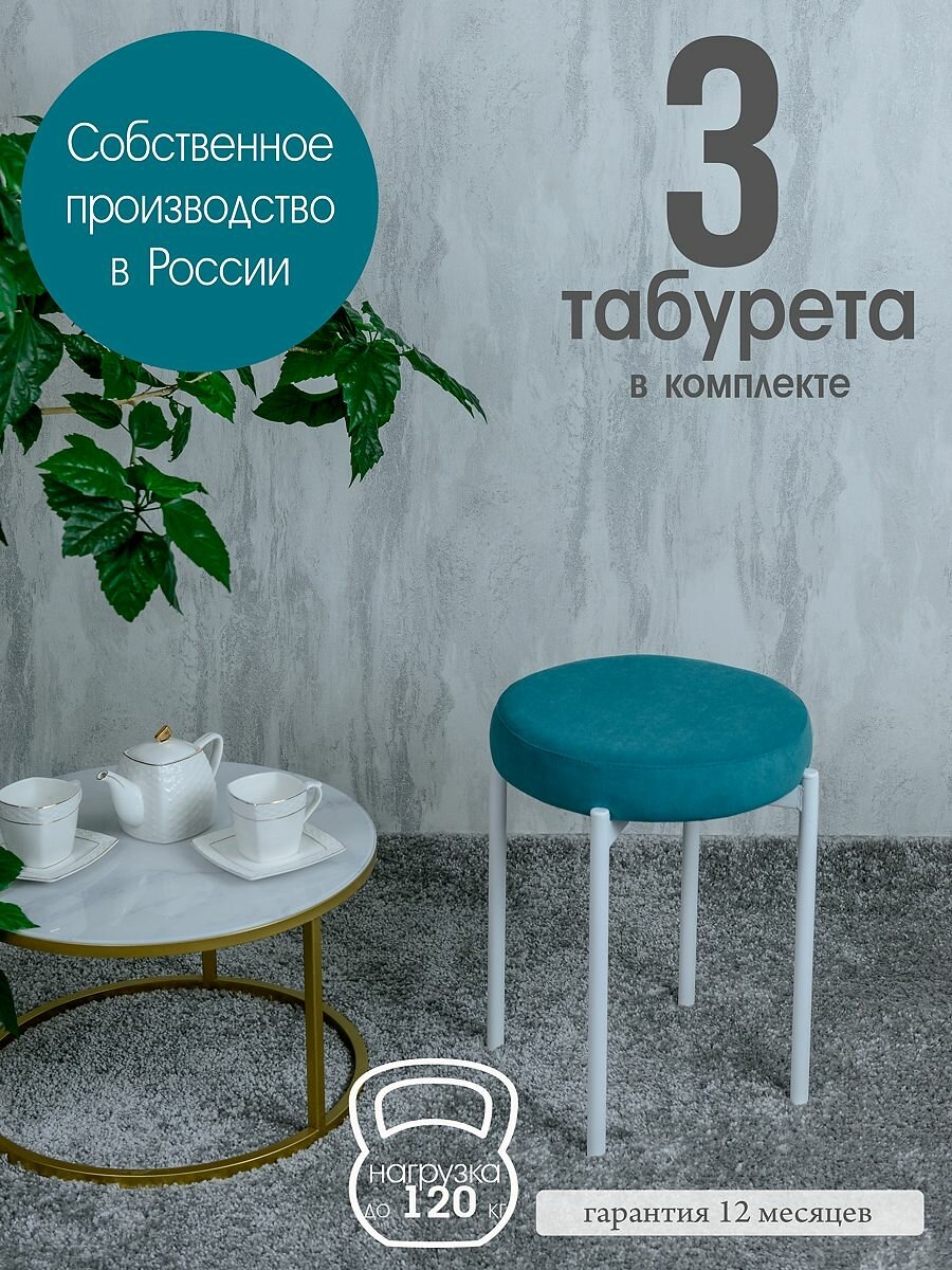 Табурет для кухни Бакс 3 шт, Мятный с белыми ножками
