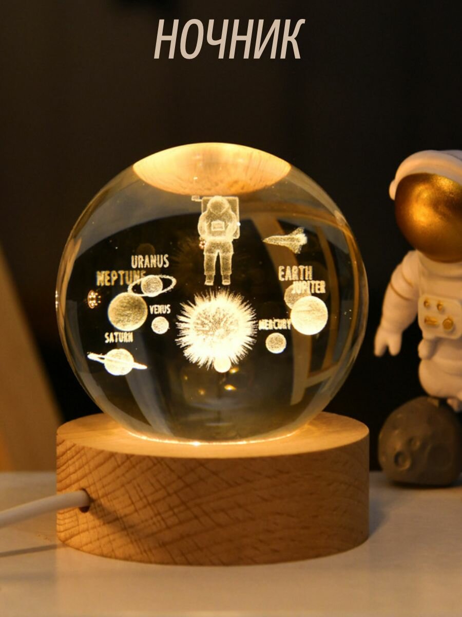 3D светильник, ночник "хрустальный шар" 80mm, Солнечная система