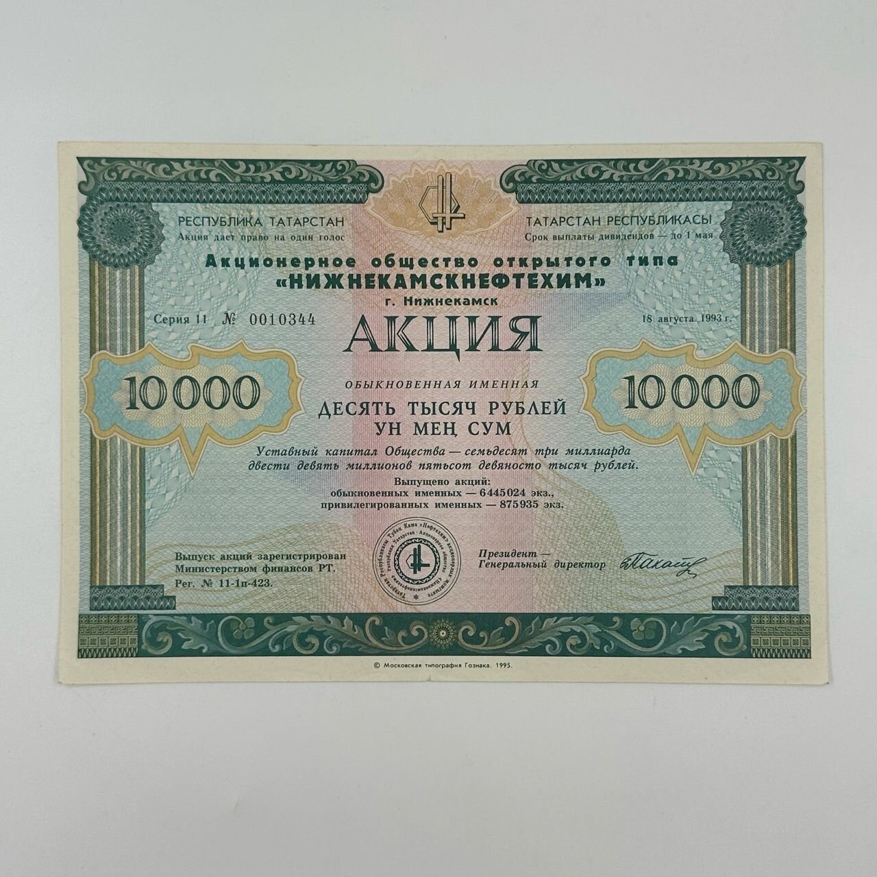 Акция 10 0000 рублей аоот Нижнекамскнефтехим нкнх 18 августа 1993 год