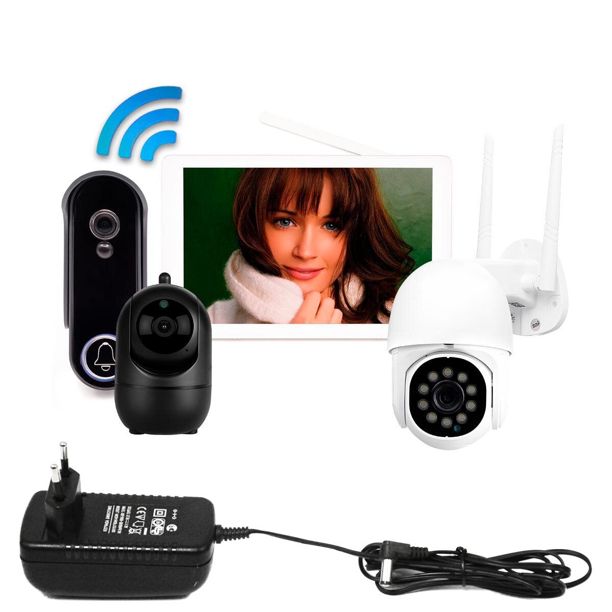 Комплект мобильный радиоканальный Wi-Fi HD видеодомофон + 2 Wi-Fi камеры наблюдения 5mp (домашняя и уличная) СкайНет 1100-Tuya (1+1+1)-LCD (C77074OK