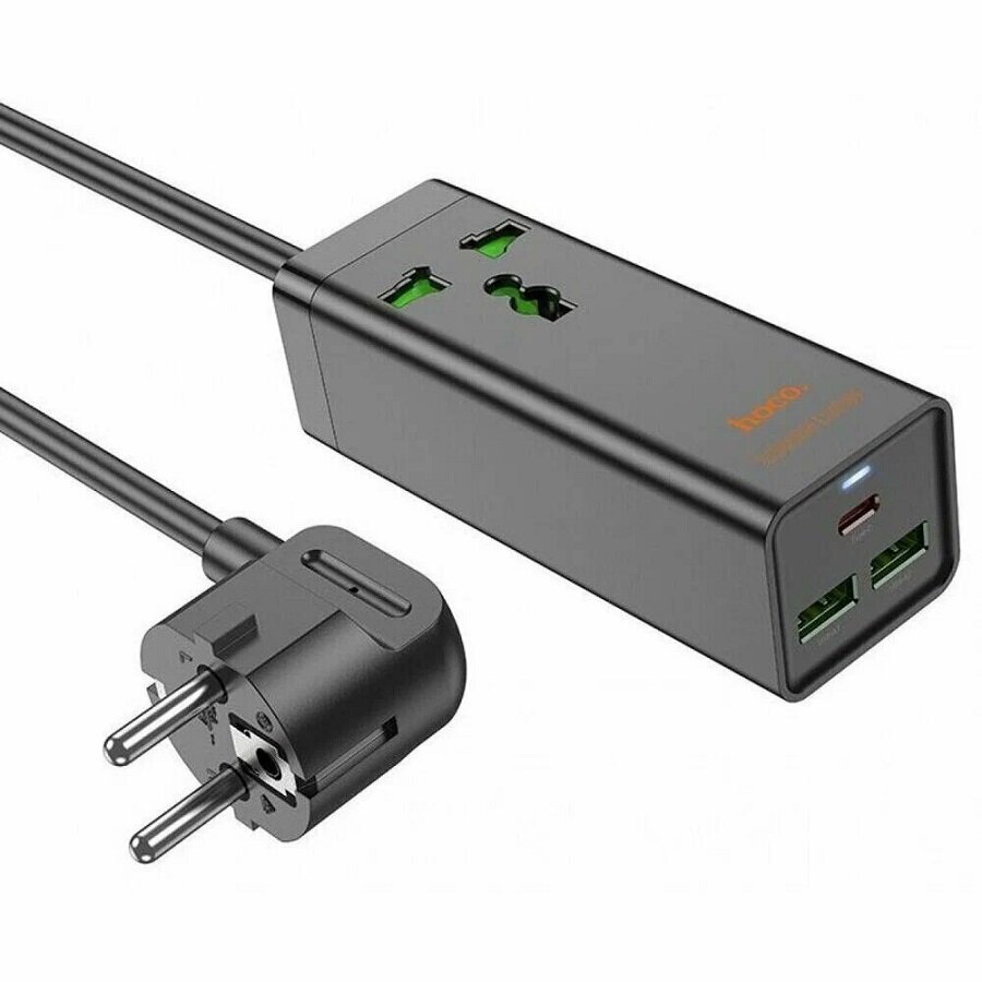 Сетевой фильтр HOCO AC9A, USB-C 30W + 2*USB-A 18W + универсальная розетка AC 250V 2500W, с кабелем 1.5м, черный