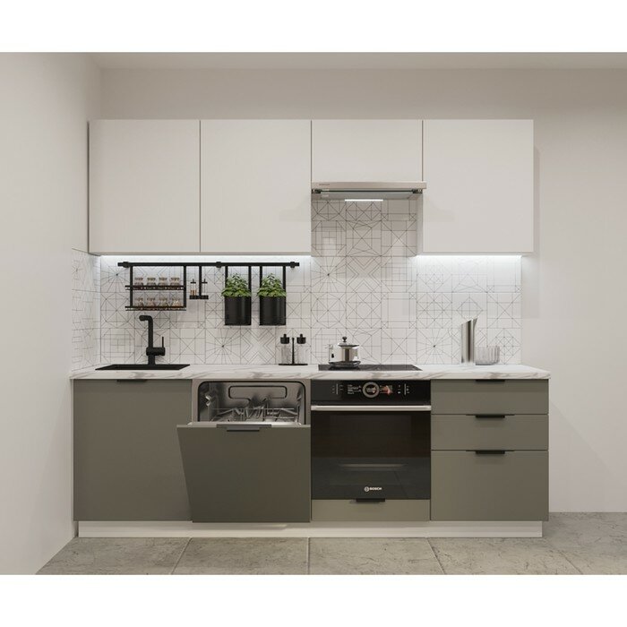 Кухонный гарнитур прямой «фаска 13», 2400×600 мм, цвет белый/тальк/обсидиан/мрамор белый