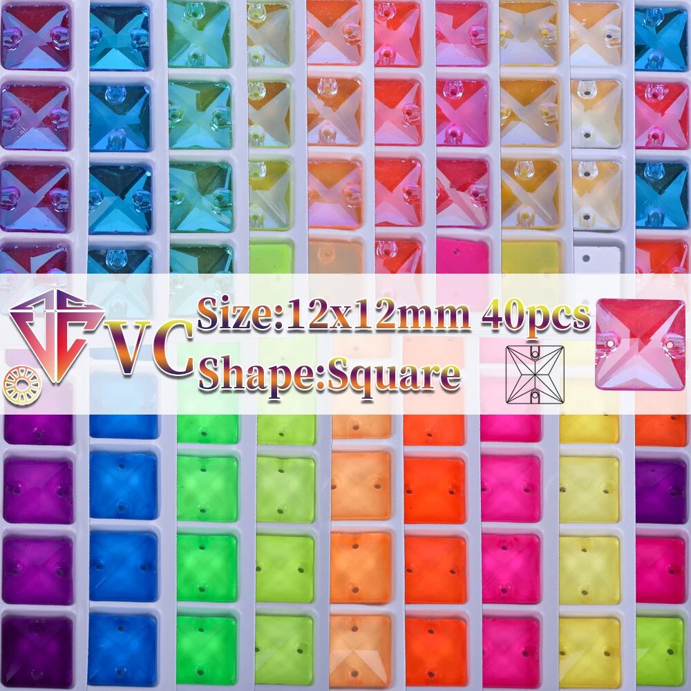 Стразы квадратные флуоресцентные 12x12 мм, 40 шт.
