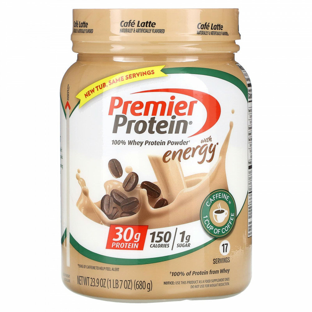 Premier Protein, Порошок из 100% сывороточного протеина с энергией, кофейный латте, 680 г (23,9 унции)