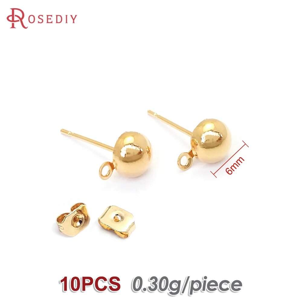 Серьги-гвоздики Rosediy из латуни золотого цвета 6/8/10/12 мм 32362-18K Gold Color