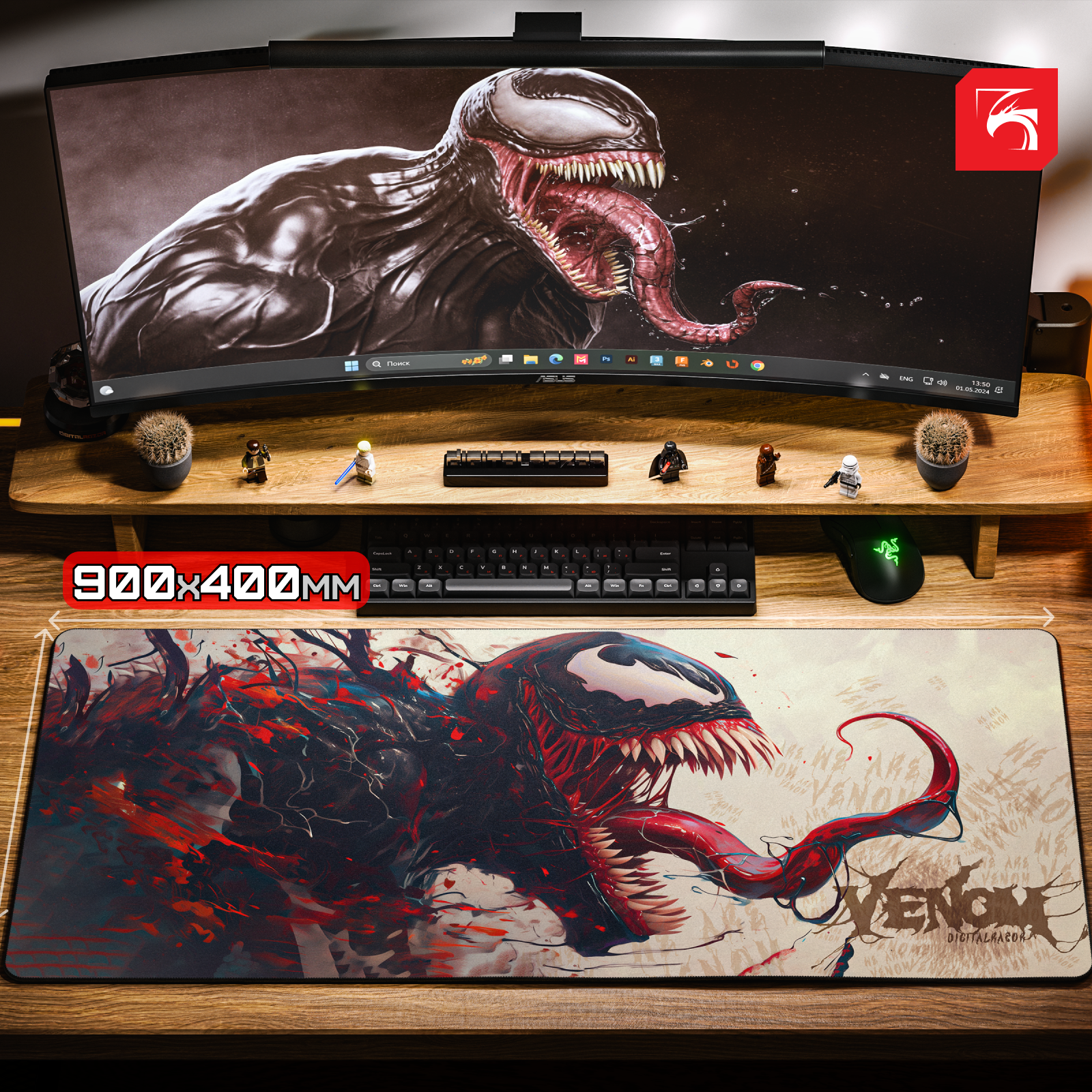 Игровой коврик для мыши DigitalRazor Venom Left 900x400x4mm, бежевый, синий, красный