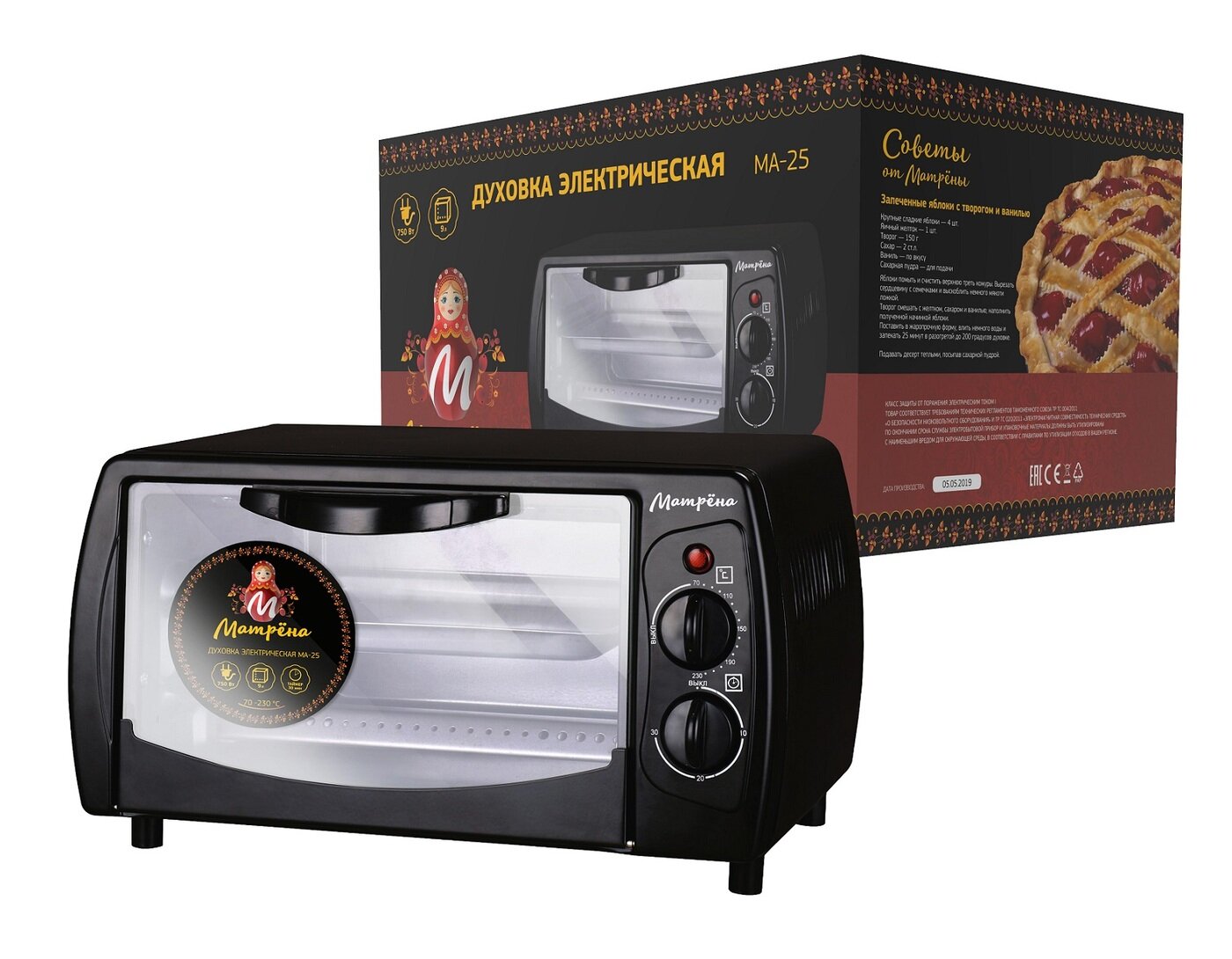 Мини-печь "Матрёна", 9 литров, 750Вт, механический термостат, чёрный