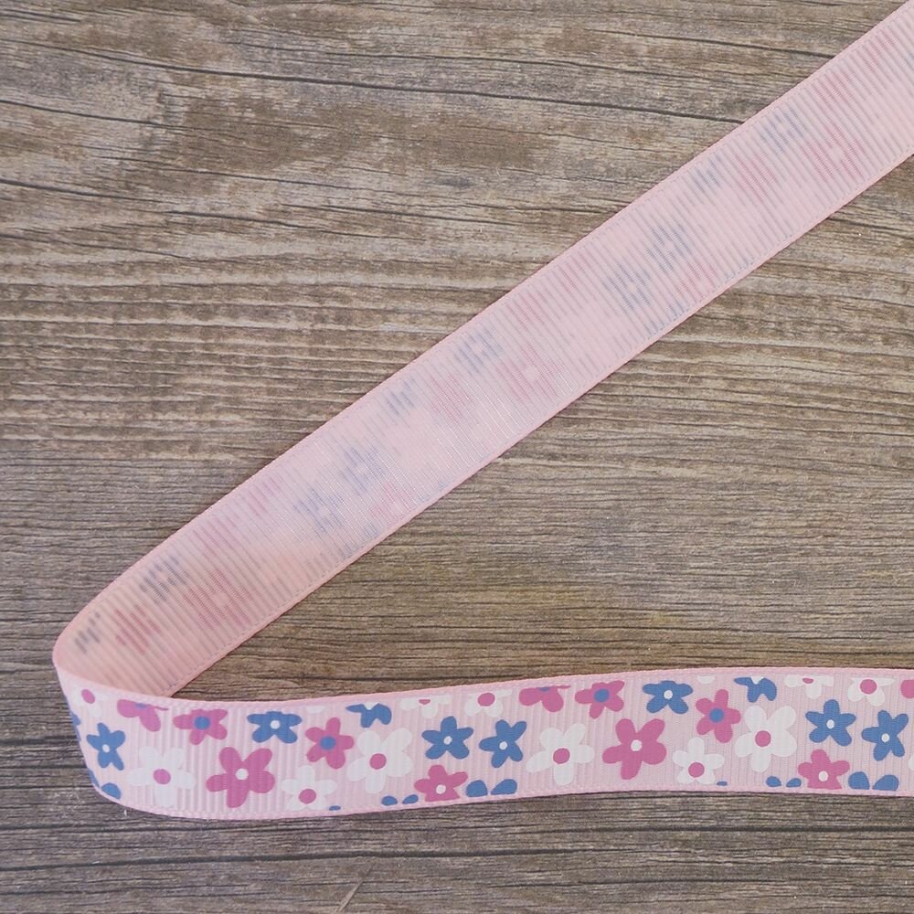 Лента репсовая HEMLINE "Bowtique", Цветочки, сиреневая, голубая, 5 м, на картонной катушке