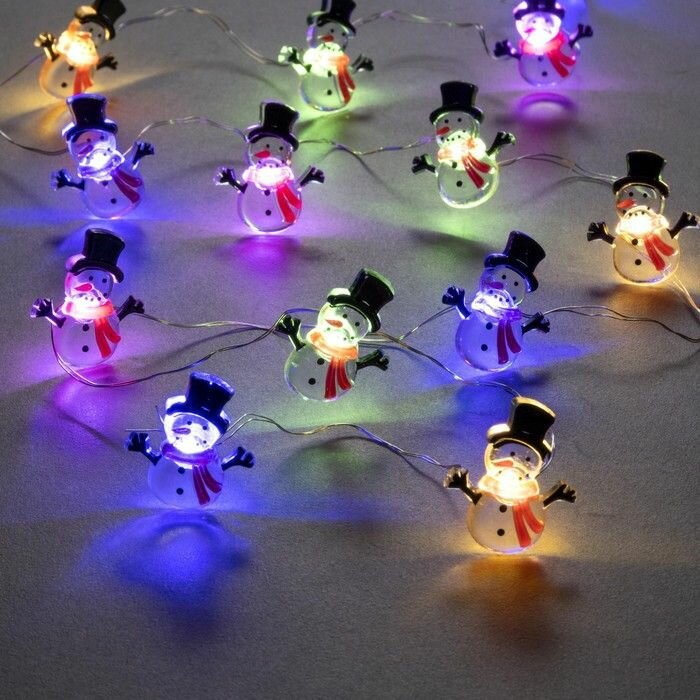 Гирлянда новогодняя Luazon Lighting "Снеговик в шарфе", 2 м, Роса, с насадками, серебристая нить, 20 LED, мульти-свечение, 2 режима (MT. RS. IP20. BT.02.04.1.01)