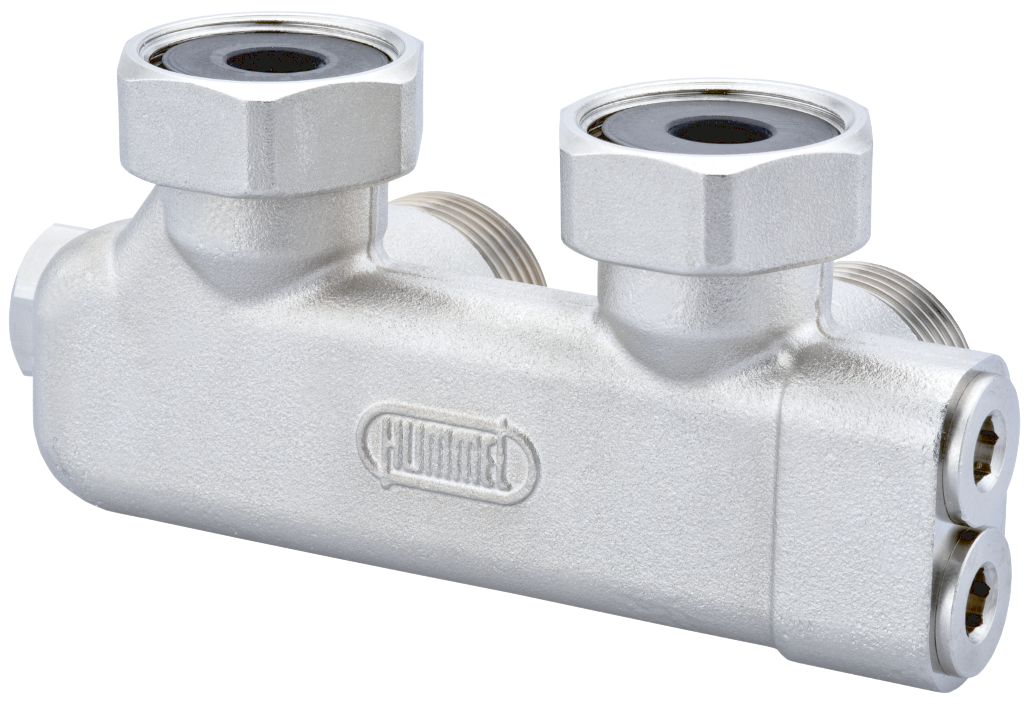 Обводной переходник угловой, не запираемый, с плоским уплотнением, с 2 ниппелями G 1/2 × G 3/4