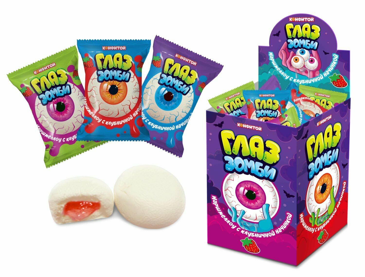 Глаз зомби маршмеллоу с клубничной начинкой, блок 48 шт. (4,5г х 48 х 12)