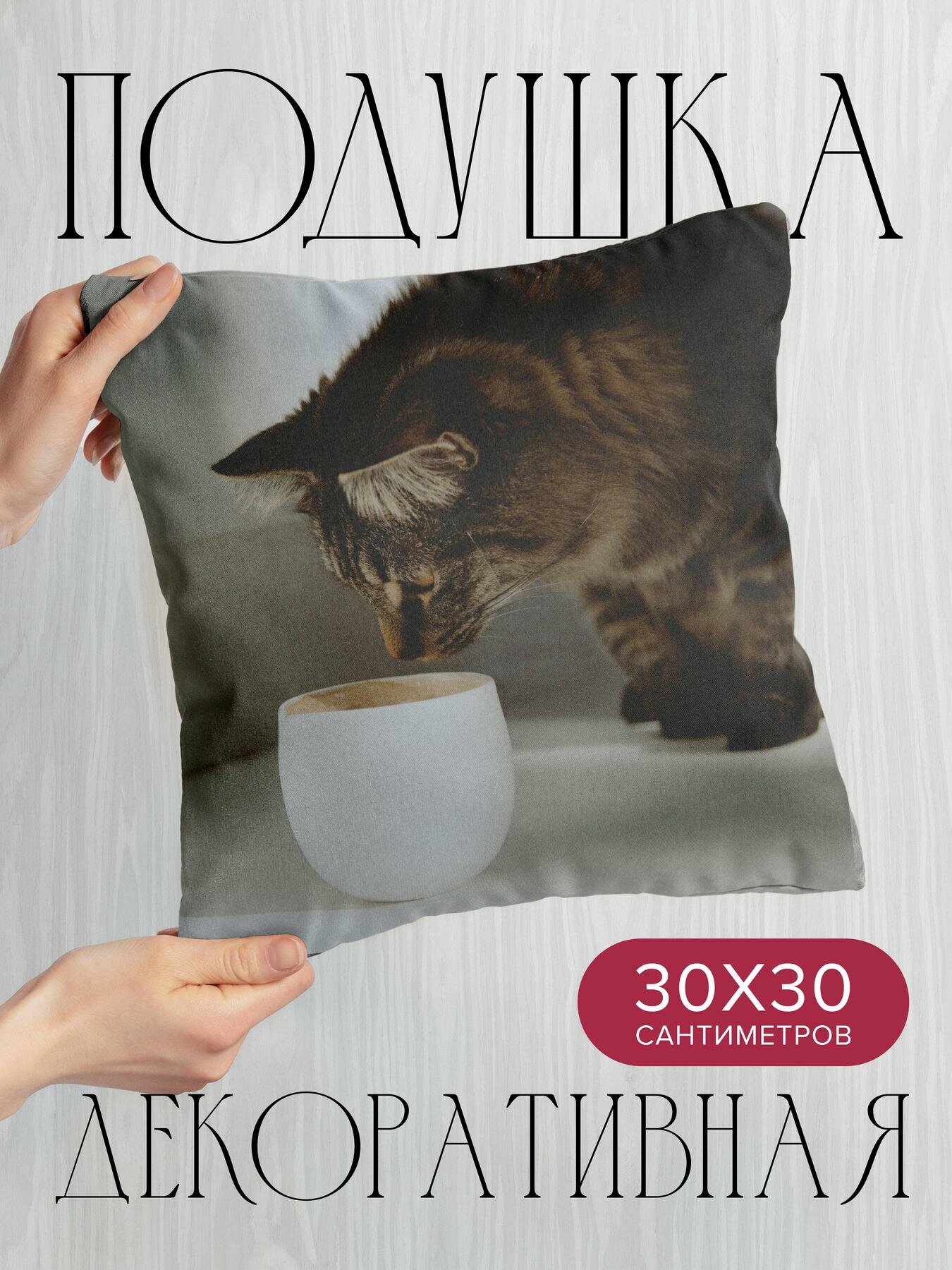 Подушка декоративная, 30x30см / Животные / кошка / чашка