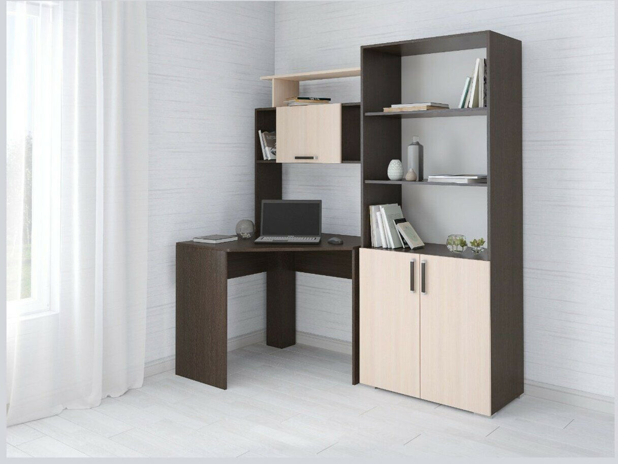 Компьютерный стол + стеллаж (4 полки, 2 двери), венге/дуб молочный