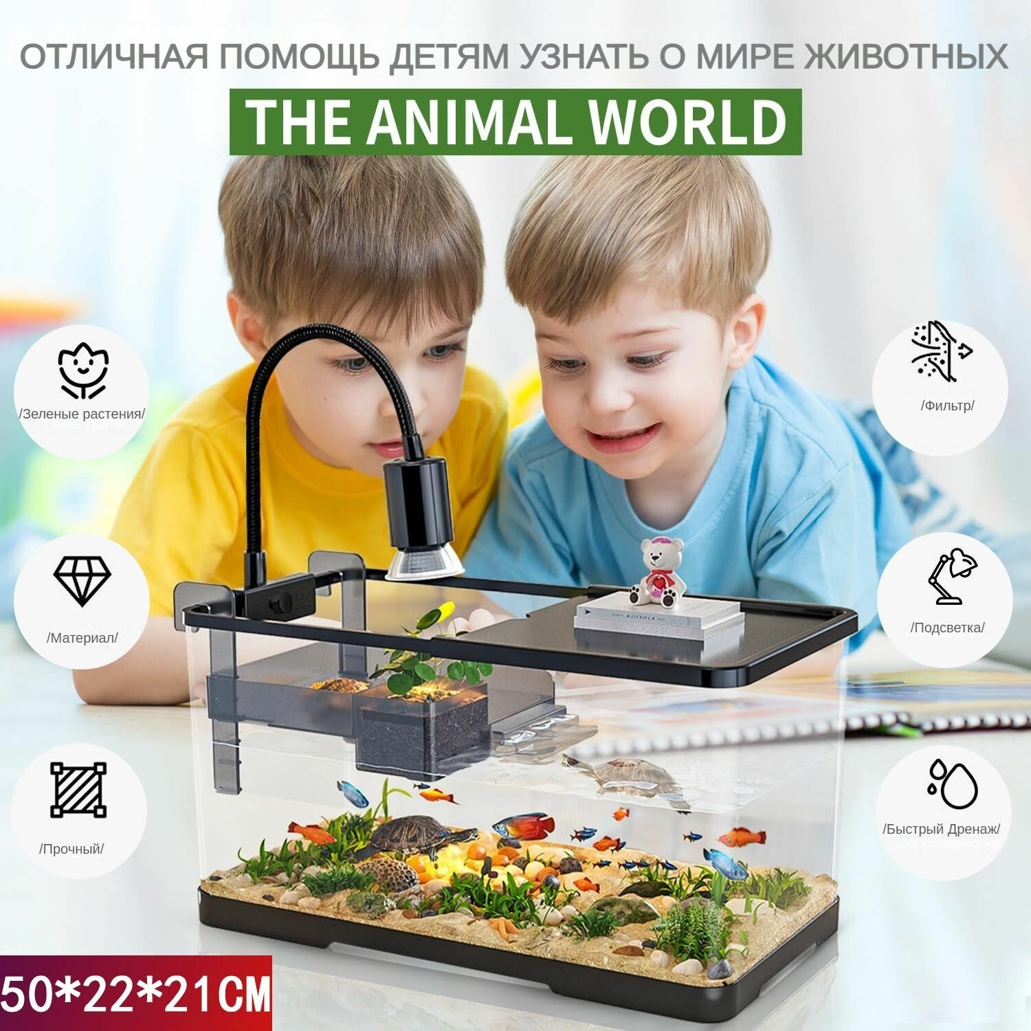 Аквариум для черепахи красноухой 50*22*21cm, С аквариумным светильником и фильтром-i-pjx a