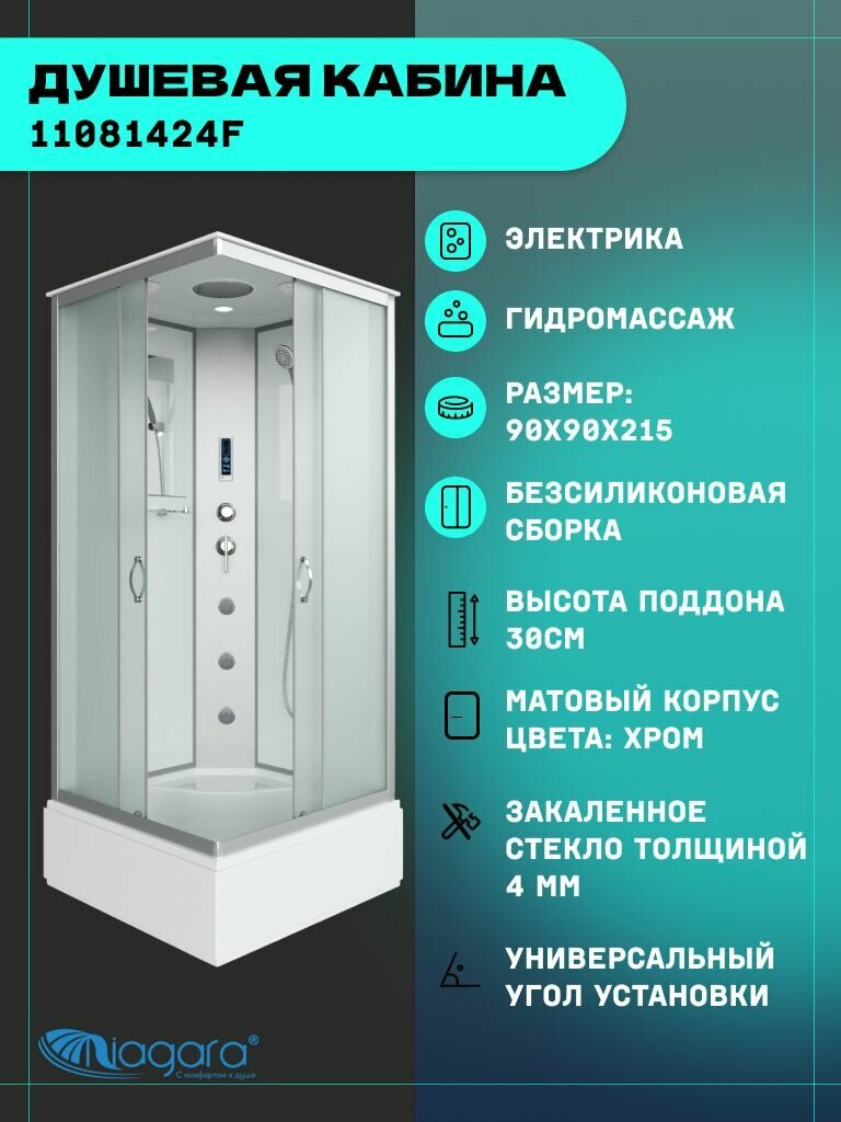 Душевая кабина Niagara Classic NG-1108-14F (90х90х215) средний поддон(26см), стекло матовое,4 места с полкой