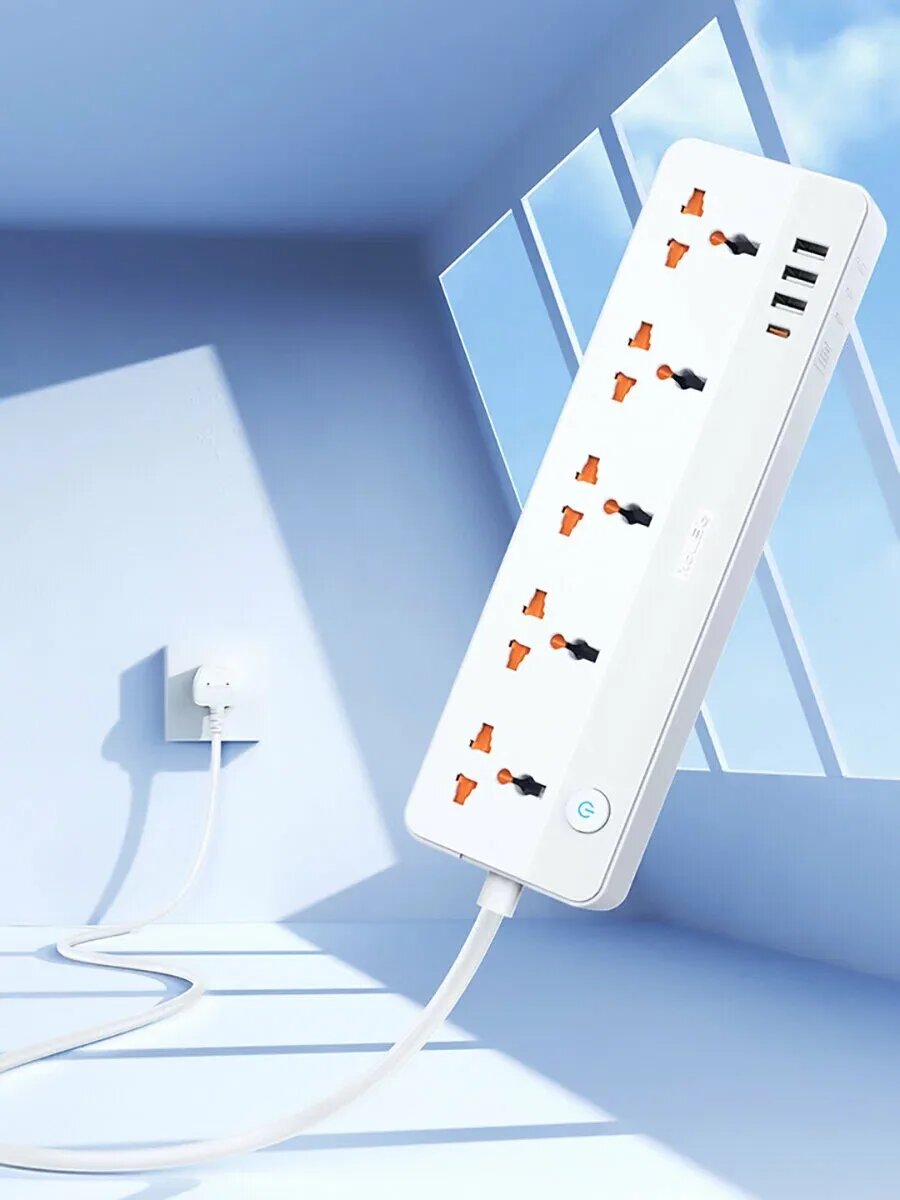 Сетевой фильтр / удлинитель Remax RP-U160, 5 универсальных розеток 2500W, 3USB + Type-C PD30W, кабель 1.5м, цвет Белый