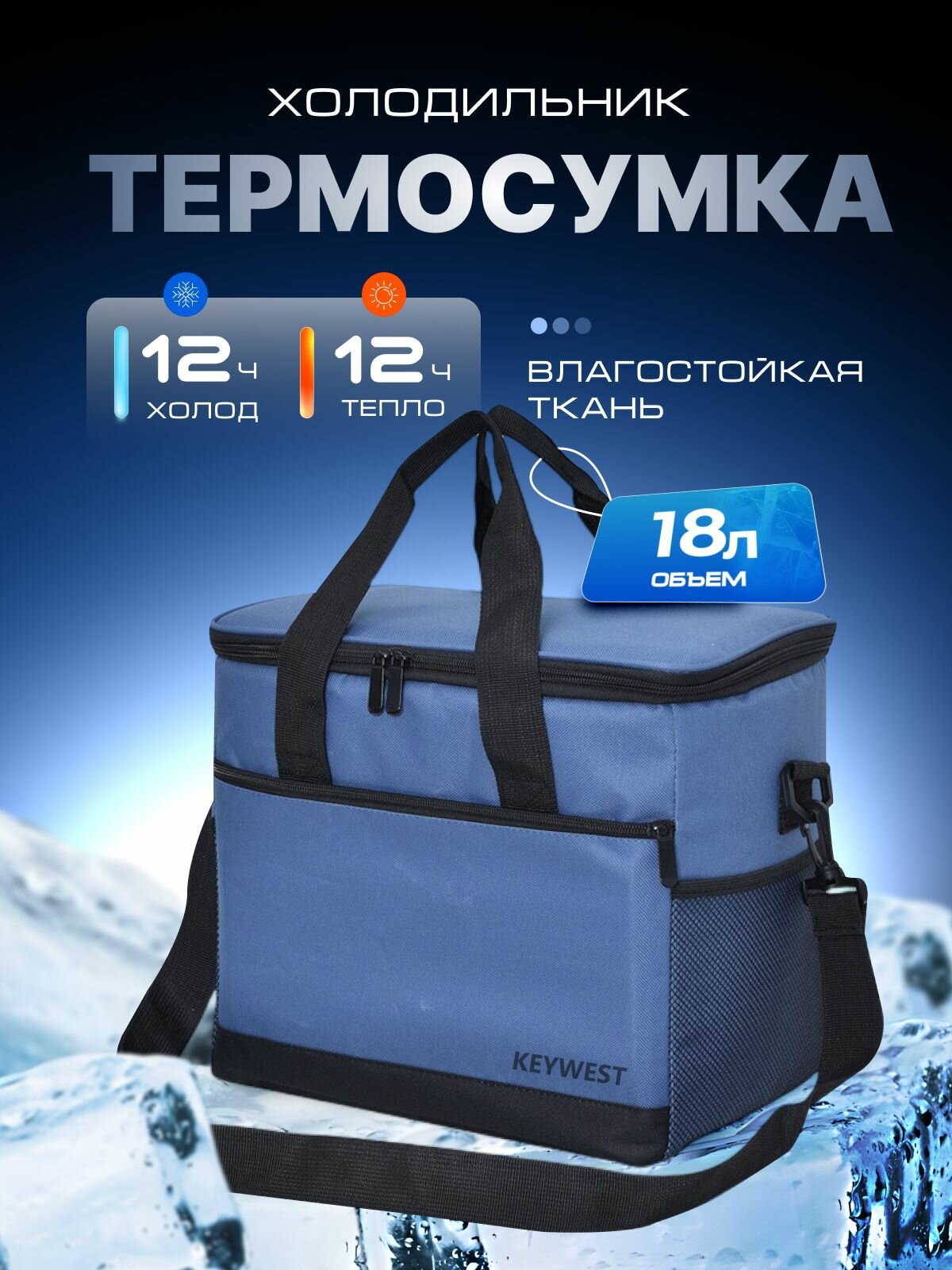 Термосумка холодильник, 18 литров, сумка холодильник, синяя