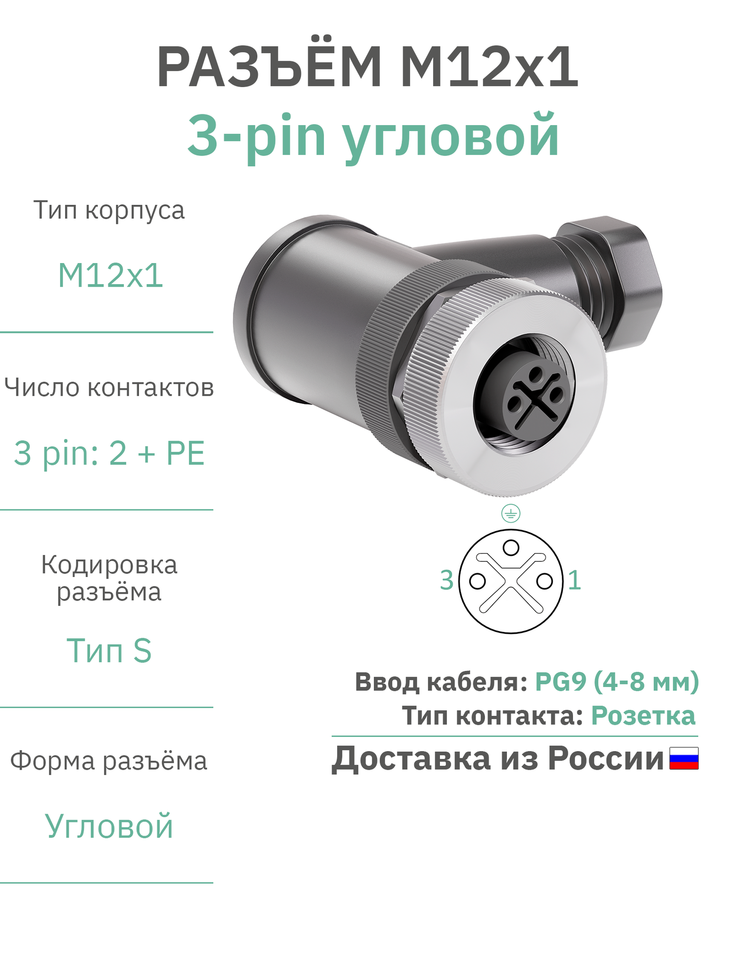 Разъём M12 S-coding 3 pin: 2 + PE угловой / розетка (мама) / PG9 (4-8 мм диаметр под кабель) / модель RAZM-F12-C3A-CODE-S-PG9