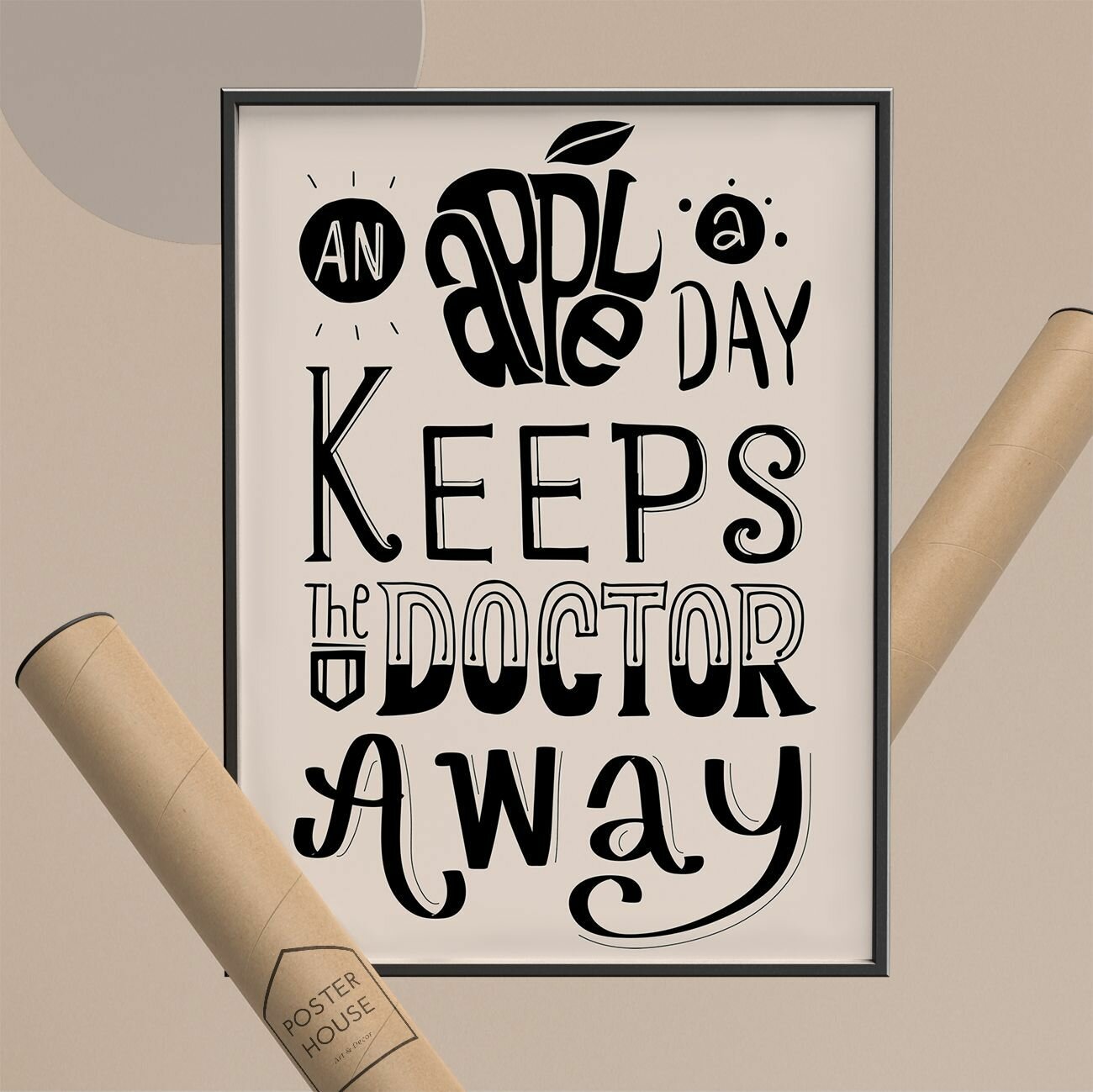 Постер Надпись An apple a Day keeps the Doctor away 50х70 см без рамы/ Цитата/ Минималистичный эстетичный плакат для интерьера