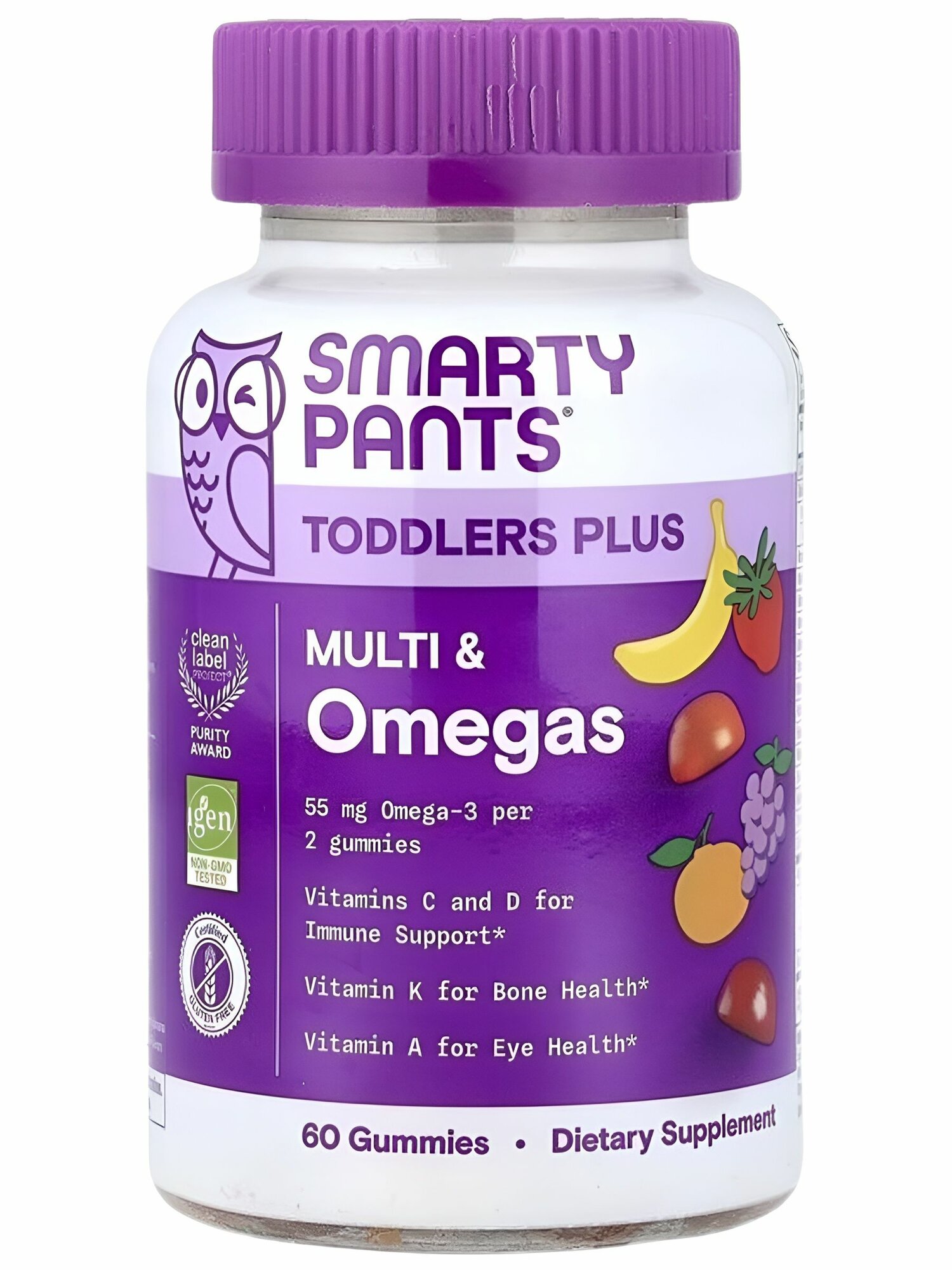 SmartyPants, Toddlers Plus, Мультивитамины и омега для детей 2-3 лет, виноград, апельсин, клубника и банан, 60 жевательных таблеток