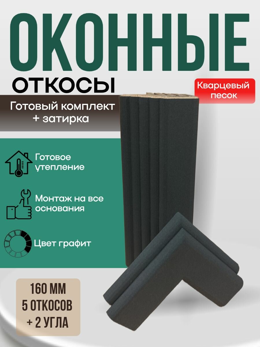 Оконные Откосы Утеплённые, Фасадные, Набор на окно(углы в комплекте), цвет Графит, 5 откосов+2 угла, глубина 160 мм