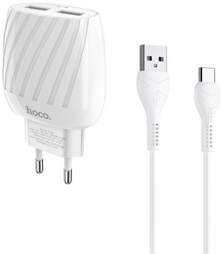 Блок питания сетевой 2 USB HOCO C78A, Max Energy, 2400mA, кабель Type-C, цвет: белый