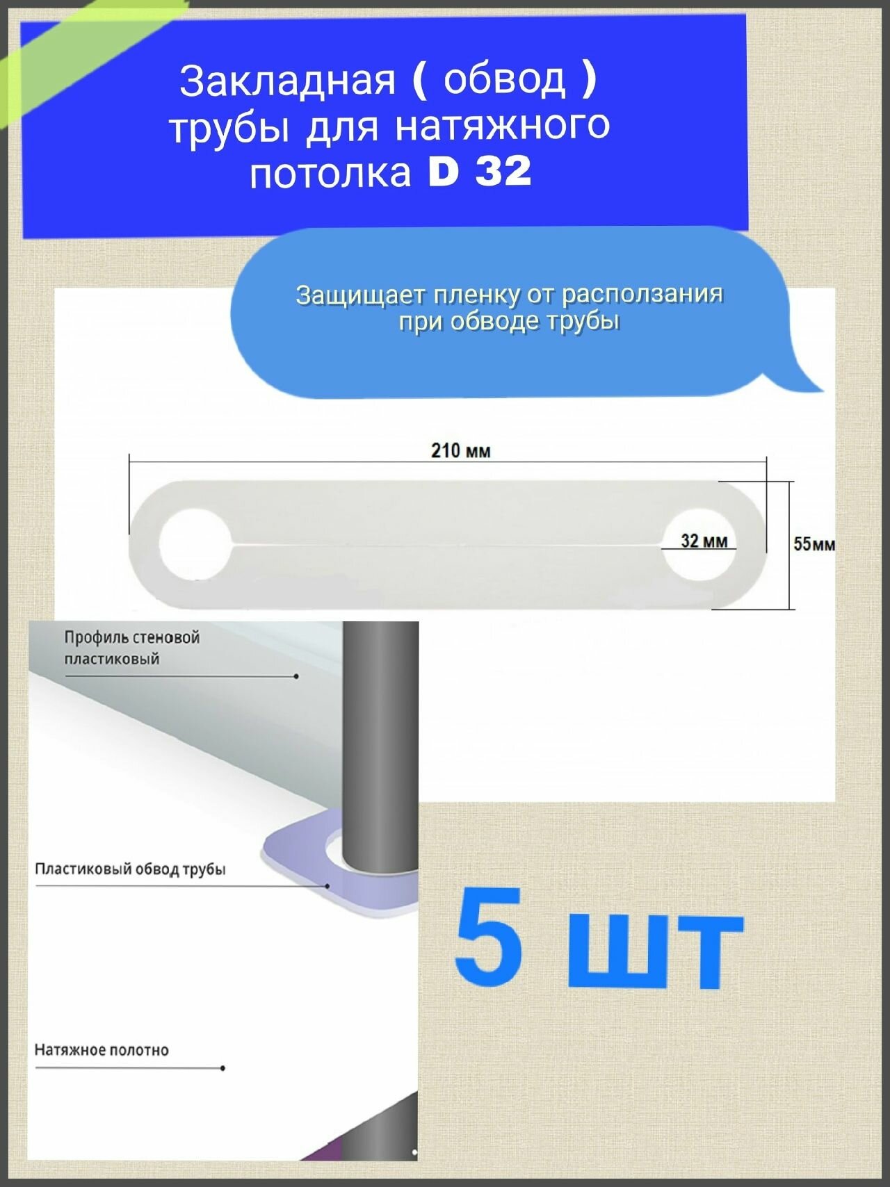 Закладная ( обвод) трубы для натяжного потолка D 32 5 шт