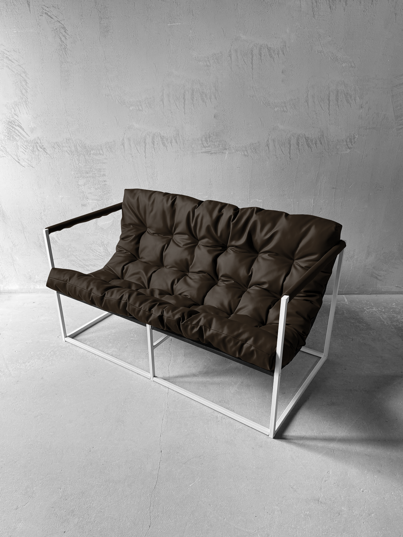 Диван лофт прямой, уличный, в офис, на балкон, на веранду, в гостинную, кухонный, Лофтовик ++ кожзам коричневый, белый каркас, подлокотник мягкий кожзам