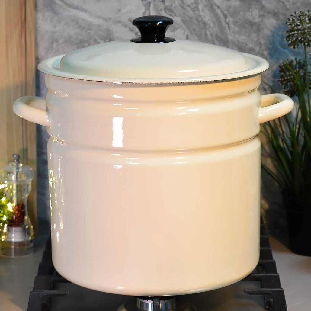 Кастрюля 12л цилиндрическая, кремового цвета, эмалированный металл, удобные ручки