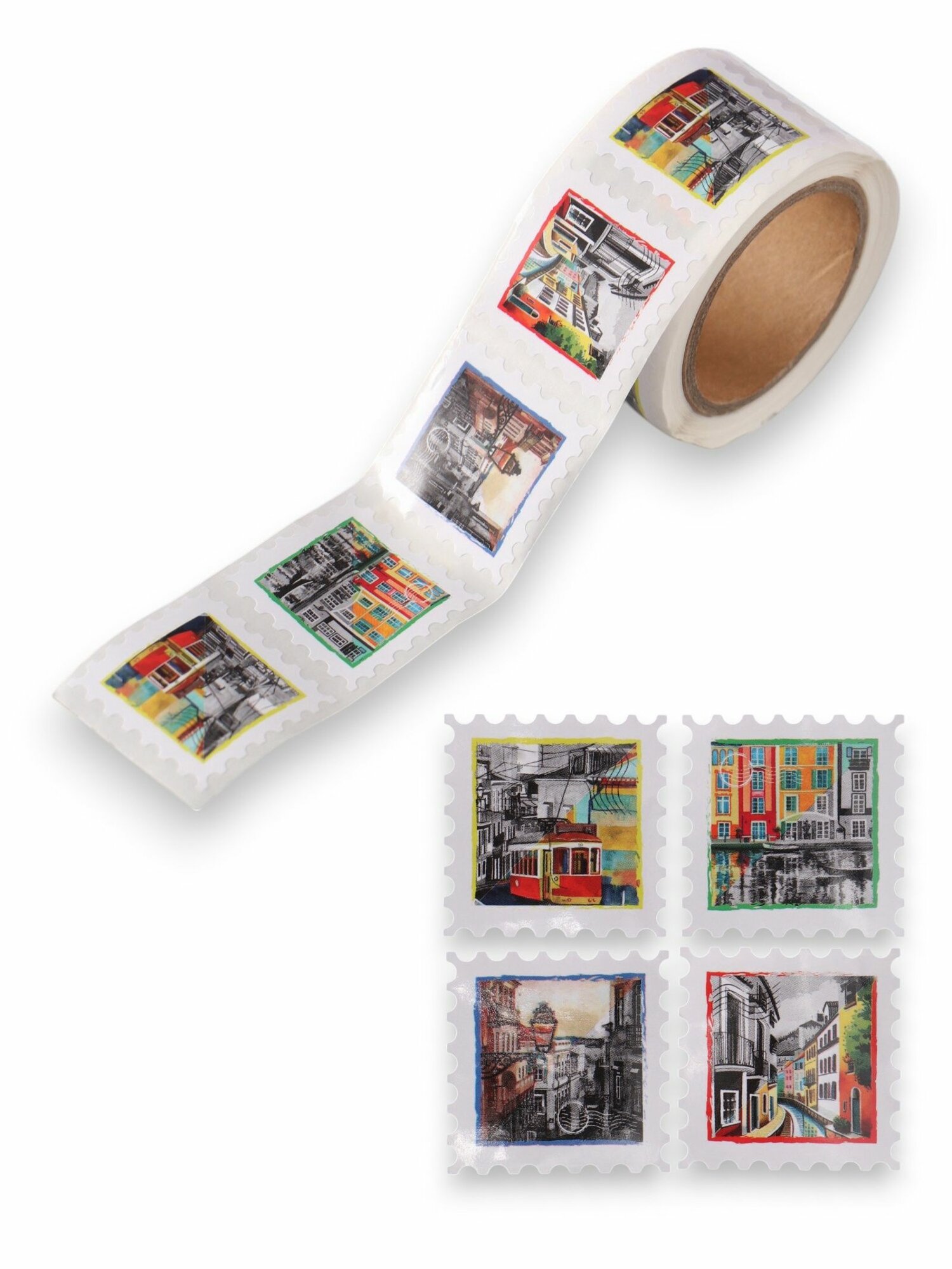 Наклейка бумага Марки. Города , 3 3 см, 200 шт. в рулоне