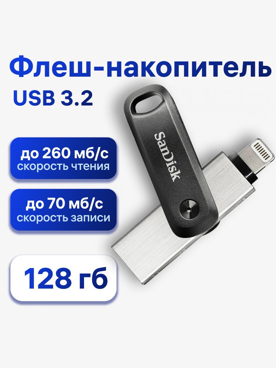 Флешка SanDisk iXpand GO, USB 3.2 Gen1, 128 ГБ, черный (SDIX60N-128G-GN6NE)