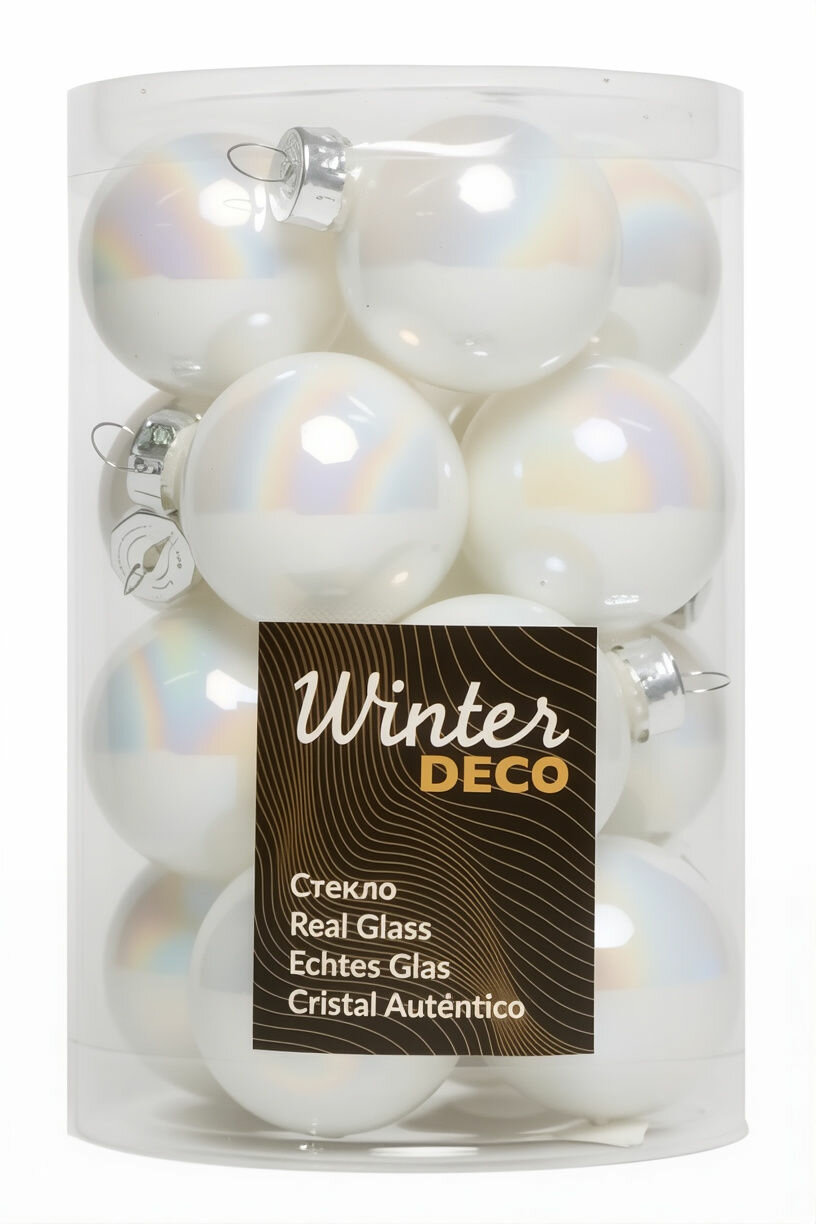 Стеклянные шары делюкс мини глянцевые, цвет: белый перламутр, 35 мм, упаковка 16 шт, Winter Deco 010721