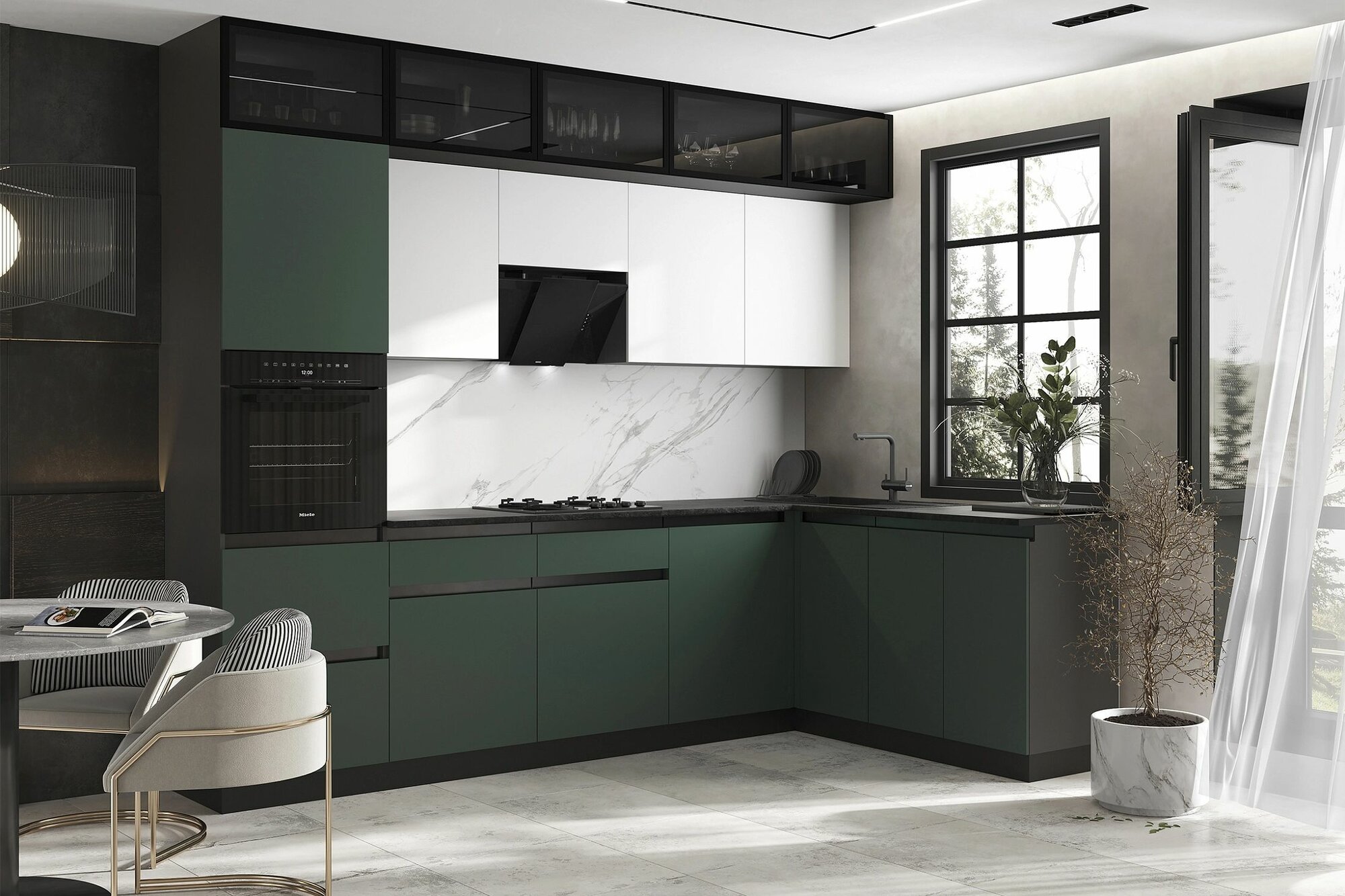 Кухня Техно-6 3,0х1,8м (Браш Мени Грин/Браш Вайт, Графит)