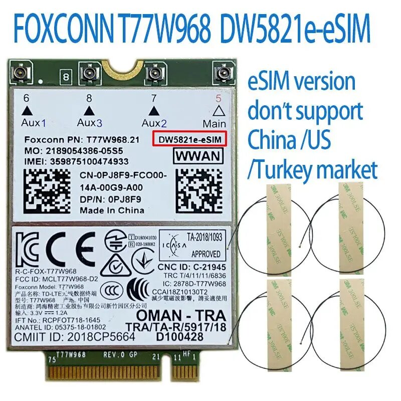 WDXUN Модуль карты DW5821e для Dell Latitude DW5821E E-SIM