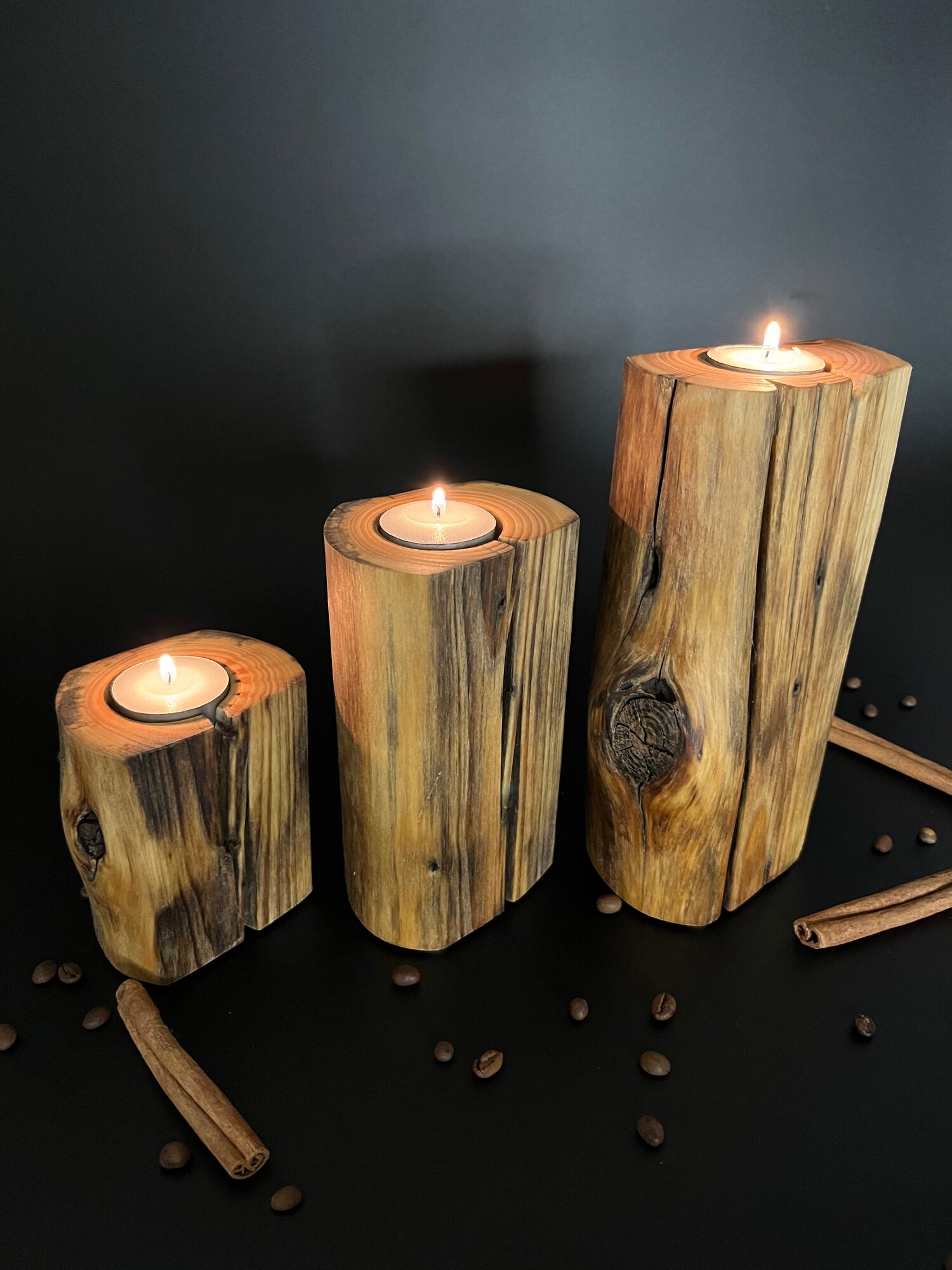 Подсвечники из дерева лофт, состаренная ель, набор 3 шт, чайные свечи
