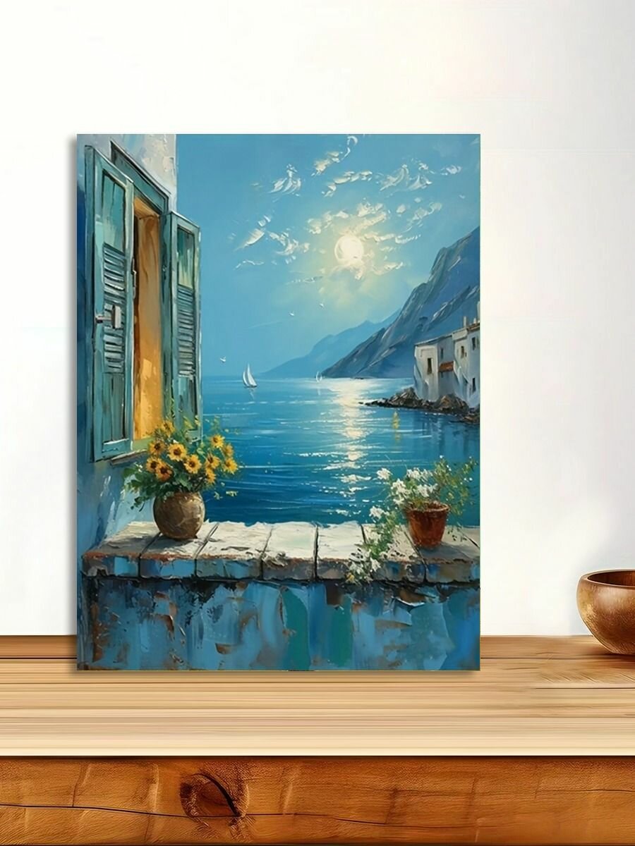 Маринский пейзаж с балконом, море и горы 30 х 40CM