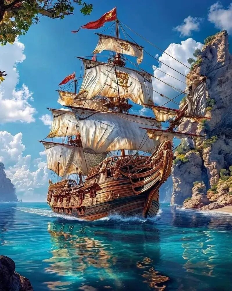 Алмазная Мозаика "Парусник В Синем Море" 40x50 См Алмазная Вышивка / Картина Стразами Подарков / Украшения