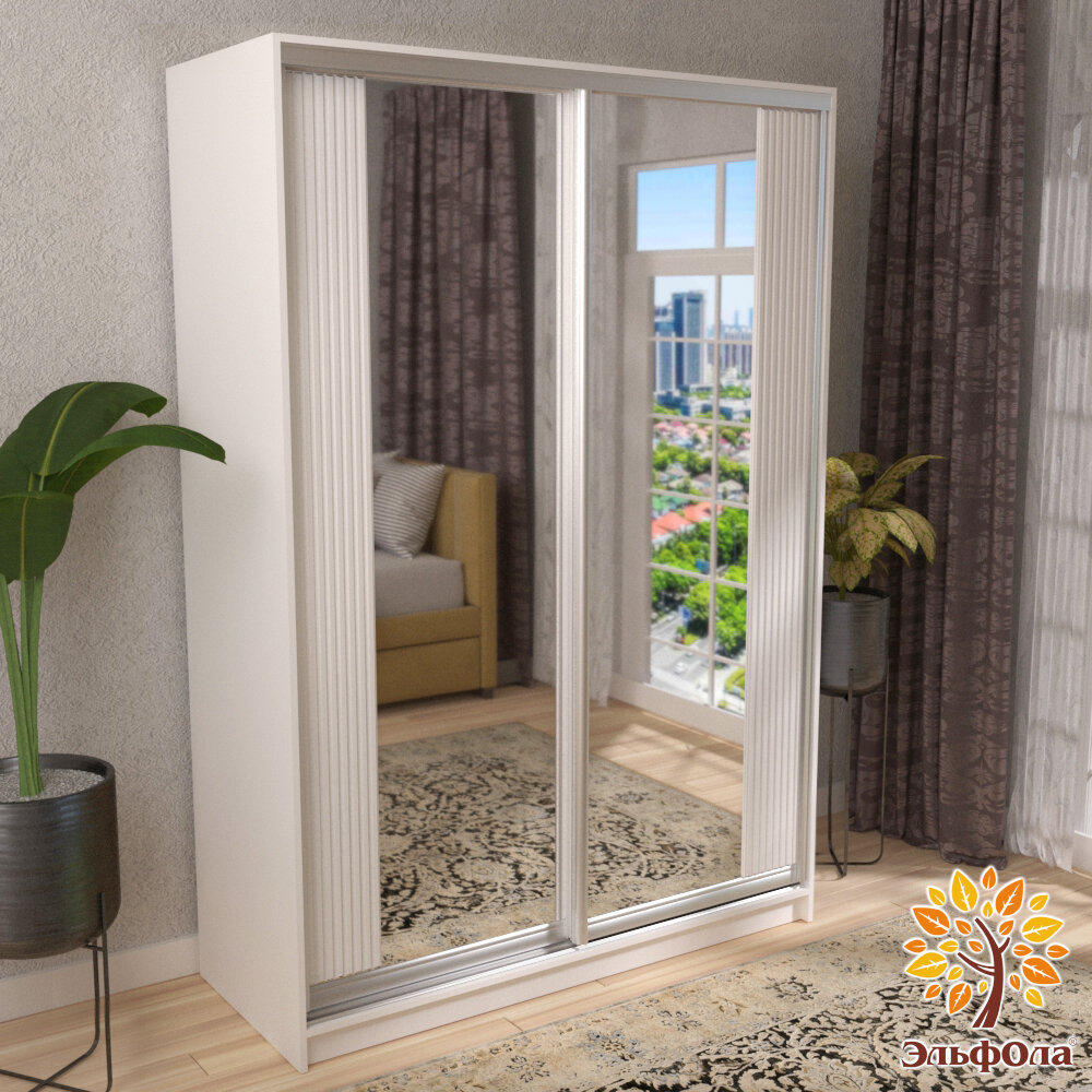 ЭльфОла Шкаф-купе "Вертикаль" 120х60х220 см, цвет белый/серебро/накладка белая, с зеркалом, для одежды, двухдверный