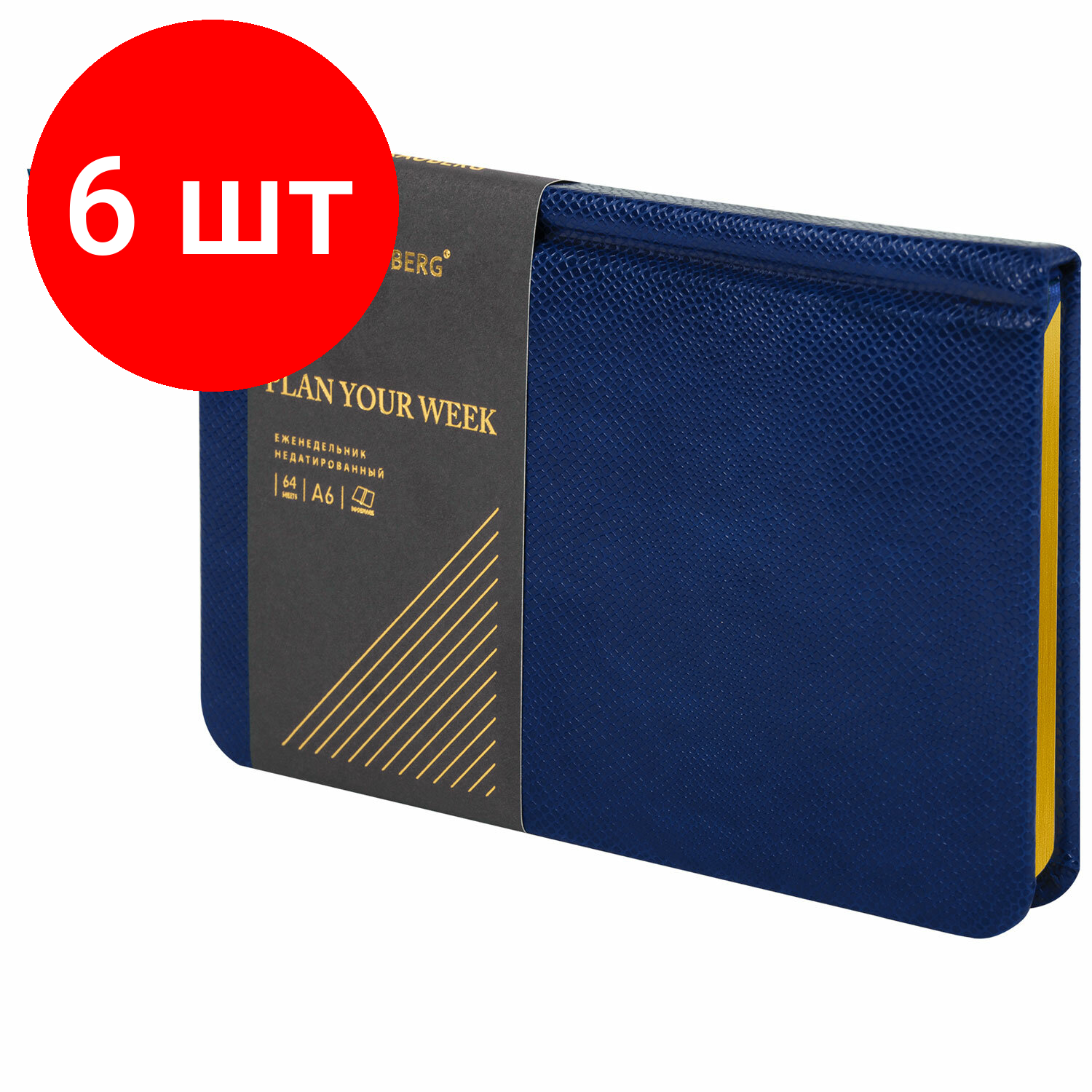 Комплект 6 шт, Еженедельник недатированный малый формат 95х155 мм А6, BRAUBERG "Iguana", под кожу, 64 л, синий, 114479