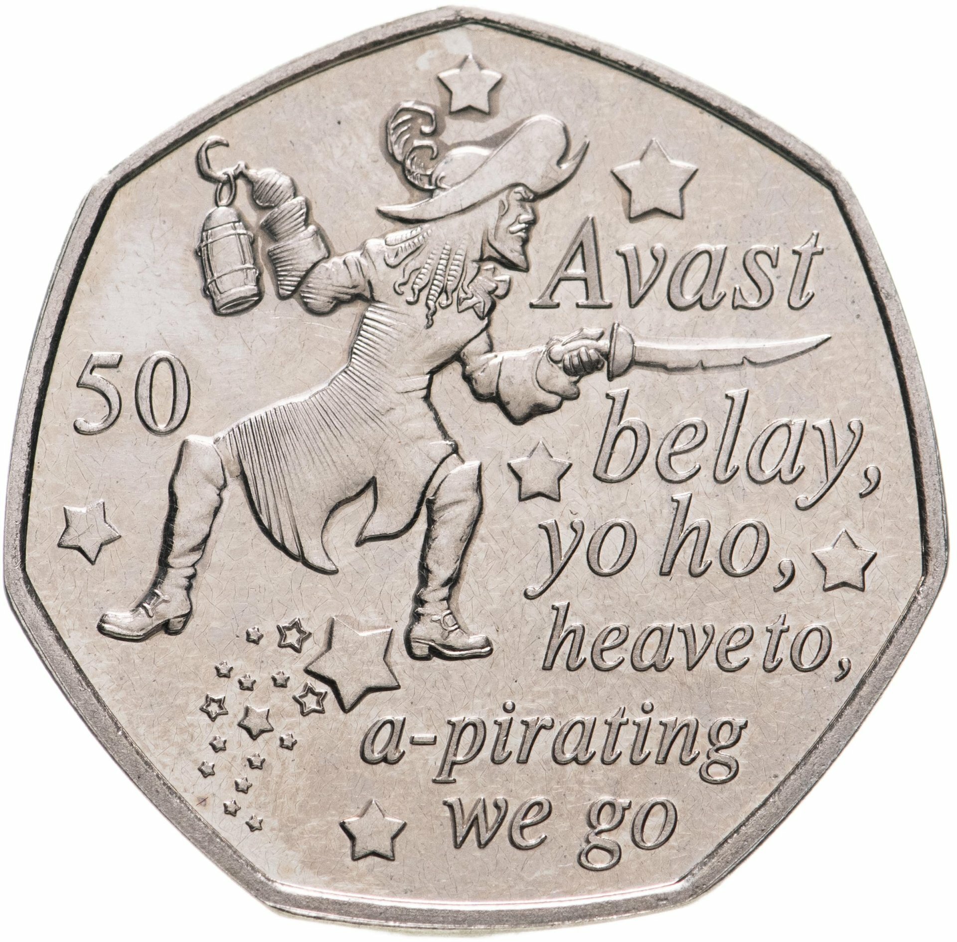 Остров Мэн 50 пенсов 2019 "Питер Пэн - Капитан Крюк", Мельхиор медь-никель, в сохранности UNC