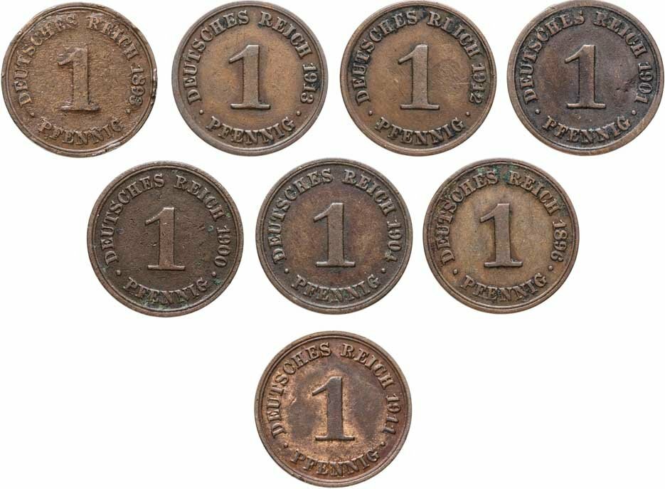Германия набор из 8 монет 1 пфенниг 1893-1913, Медь, в сохранности VF-XF