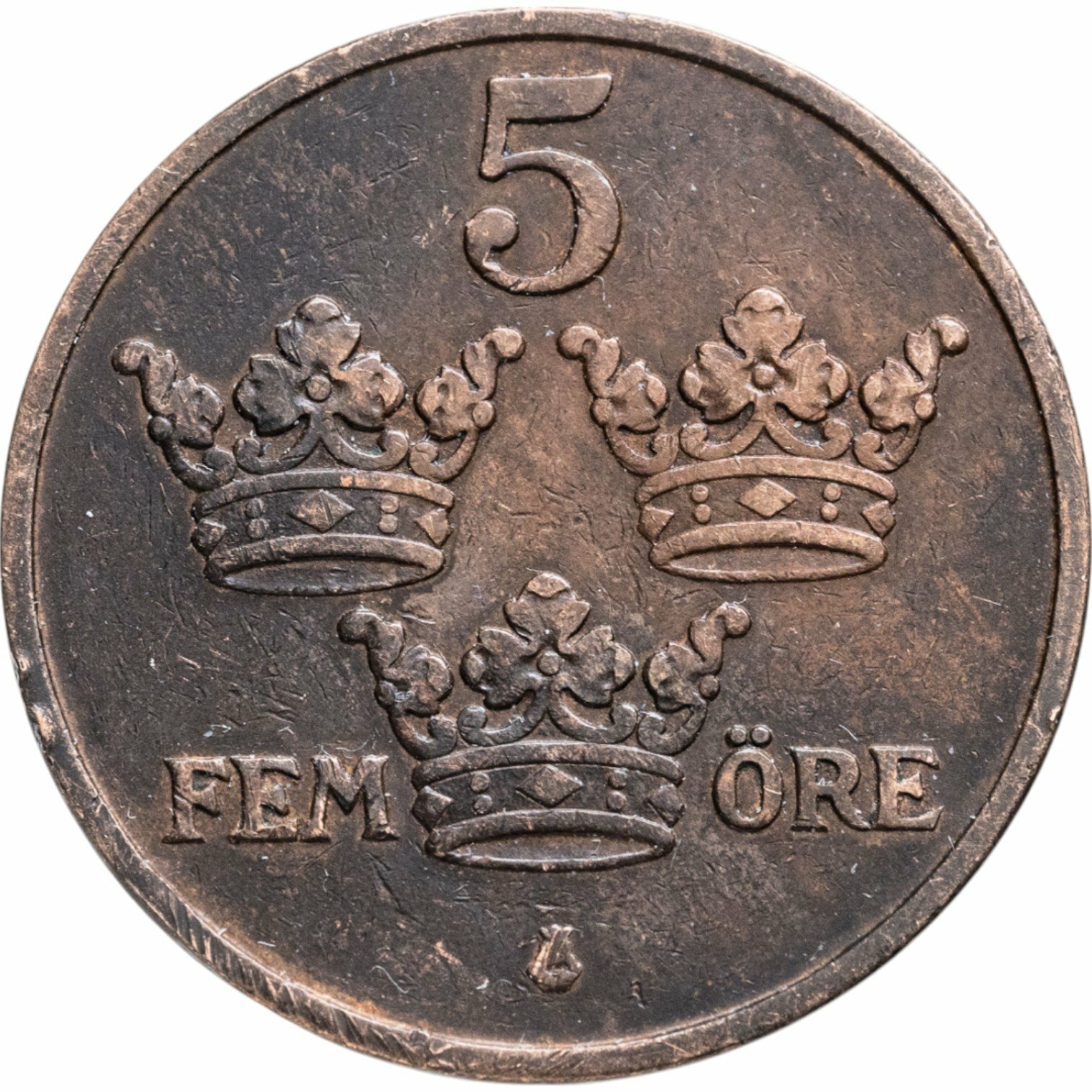 Швеция 5 эре ore 1909, Бронза, в сохранности XF