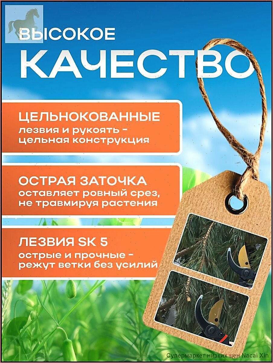 Секатор, стальные лезвия, нескользящие рукоятки, черный, 21 см — фото 1