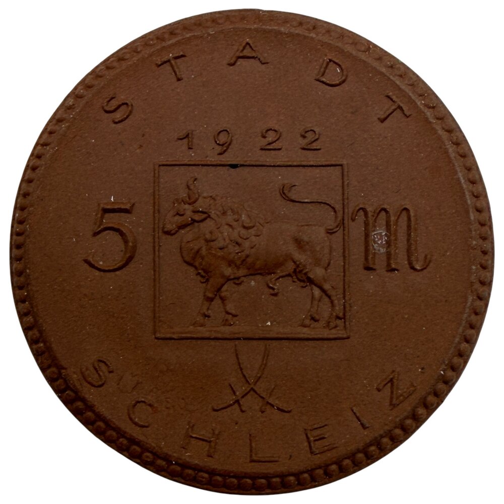 Германия, Веймарская республика, Шлайц 5 марок 1922 г. (M, 1685) (Коричневый фарфор)
