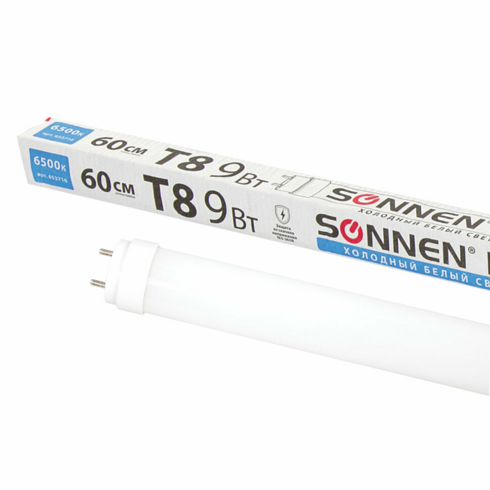 Лампа-трубка светодиодная SONNEN, 9 Вт, 30000 ч, 60 см, холодный белый (аналог 18 Вт люминесцентной лампы), LED T8-9W-6500-G13, 453716, 453716