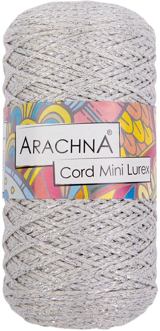 Пряжа ARACHNA "Cord Mini Lurex" 3 шт. по 75 г 200 м 90% полиэфир, 10% люрекс №02 суровый-серебро