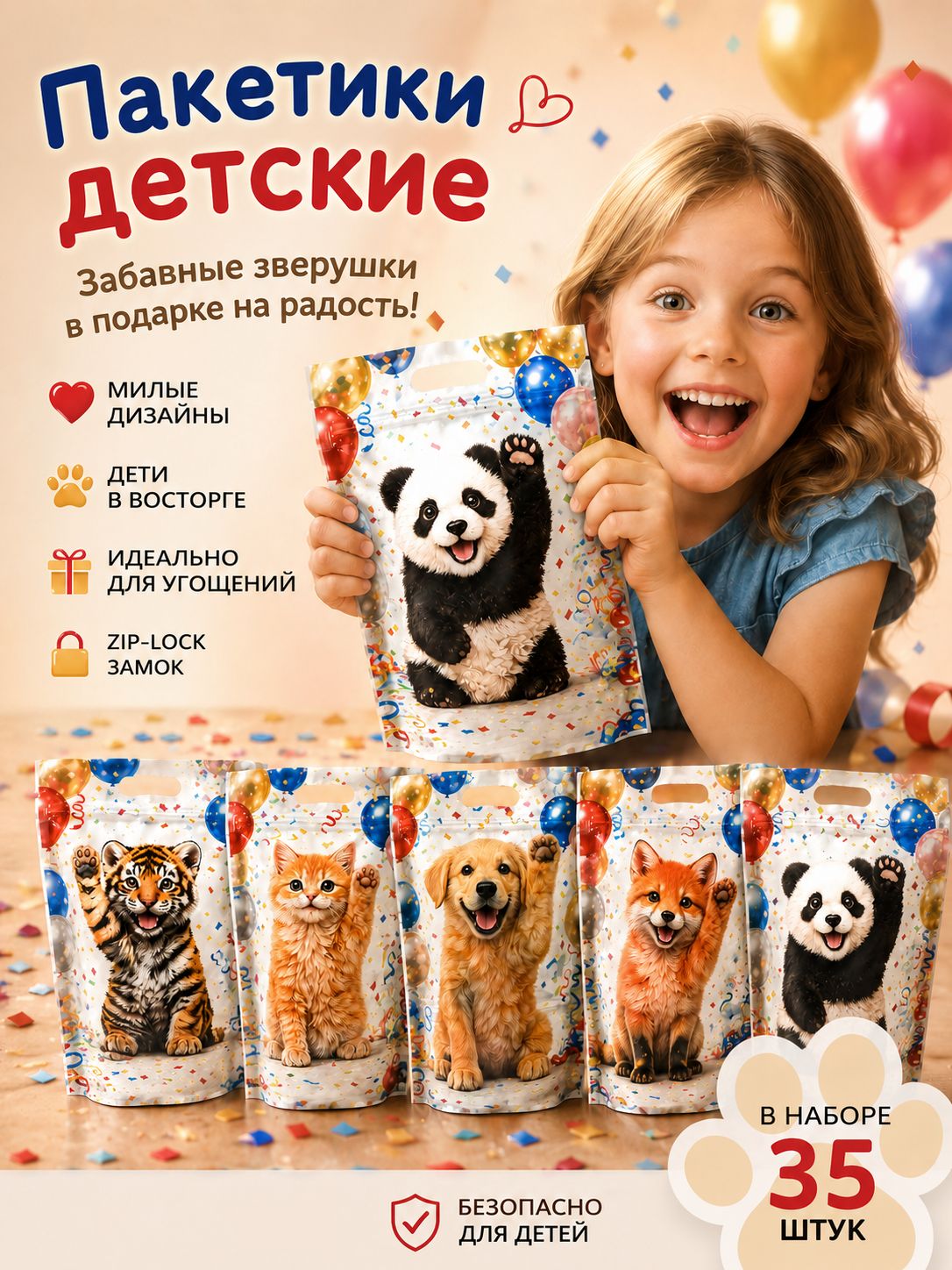 Пакетики детские подарочные, для сладостей и угощений в детский сад, школу, с зип-лок замком, 35 штук