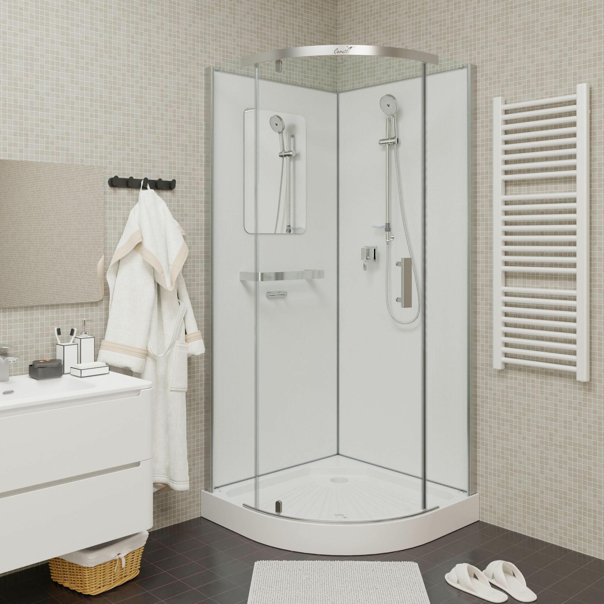 Душевая кабина Ceruttispa KORRA90T (90х90х205), с низким поддоном, без крыши, профиль хром, стекло прозрачное